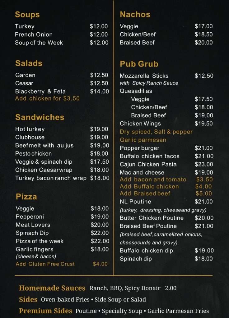 Embassy Menu | The Newfoundland Embassy Pub & Eatery